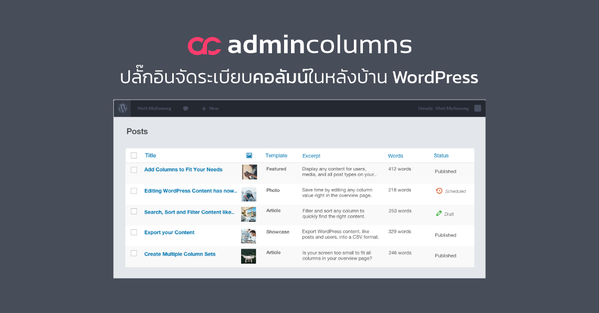 Admin Columns ปลั๊กอินจัดระเบียบคอลัมน์ในหลังบ้าน WordPress - WPThaiuser by Ruk-Com